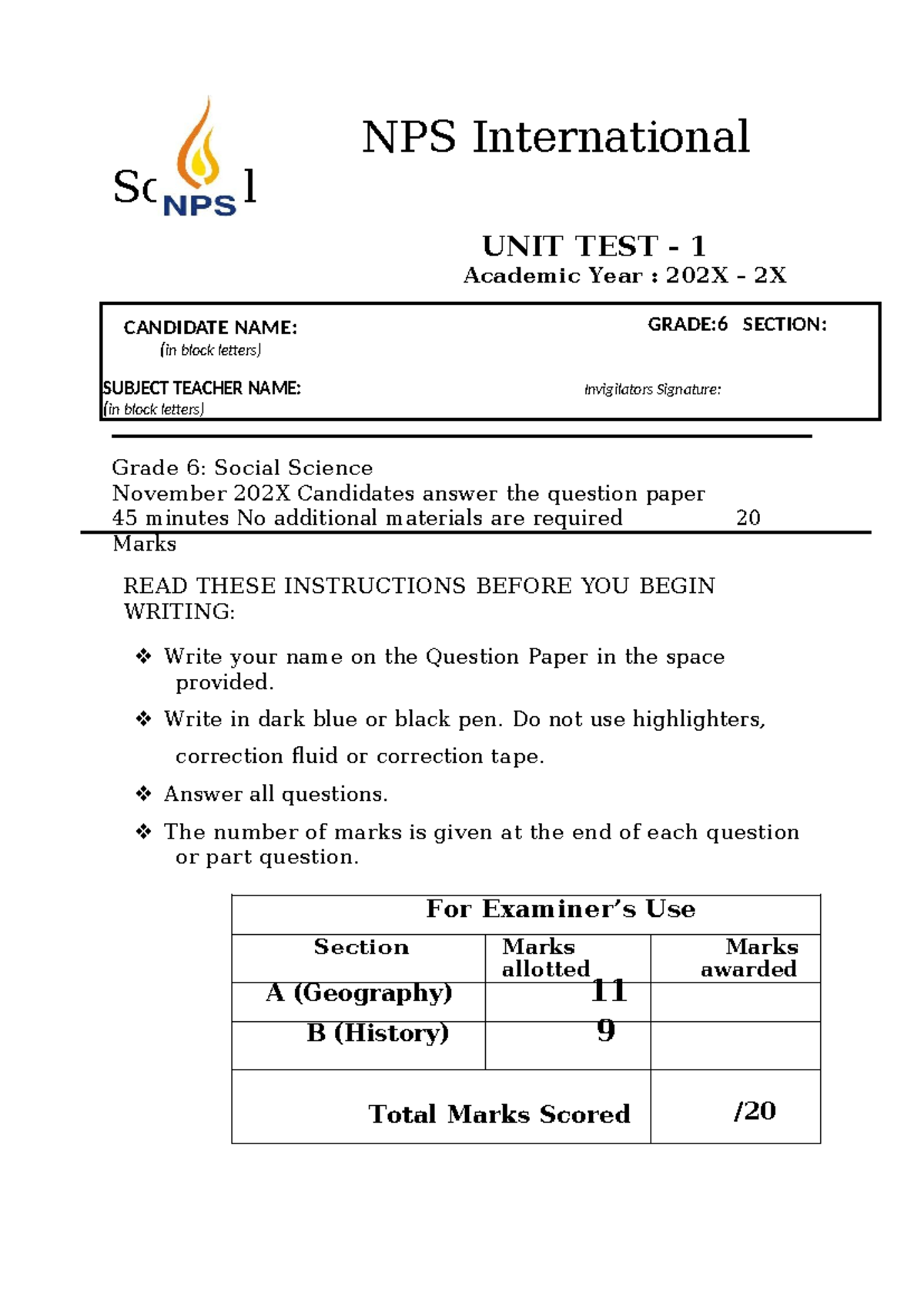 Social Science Grade 6 Unit Test 1 Practice Paper - Studocu