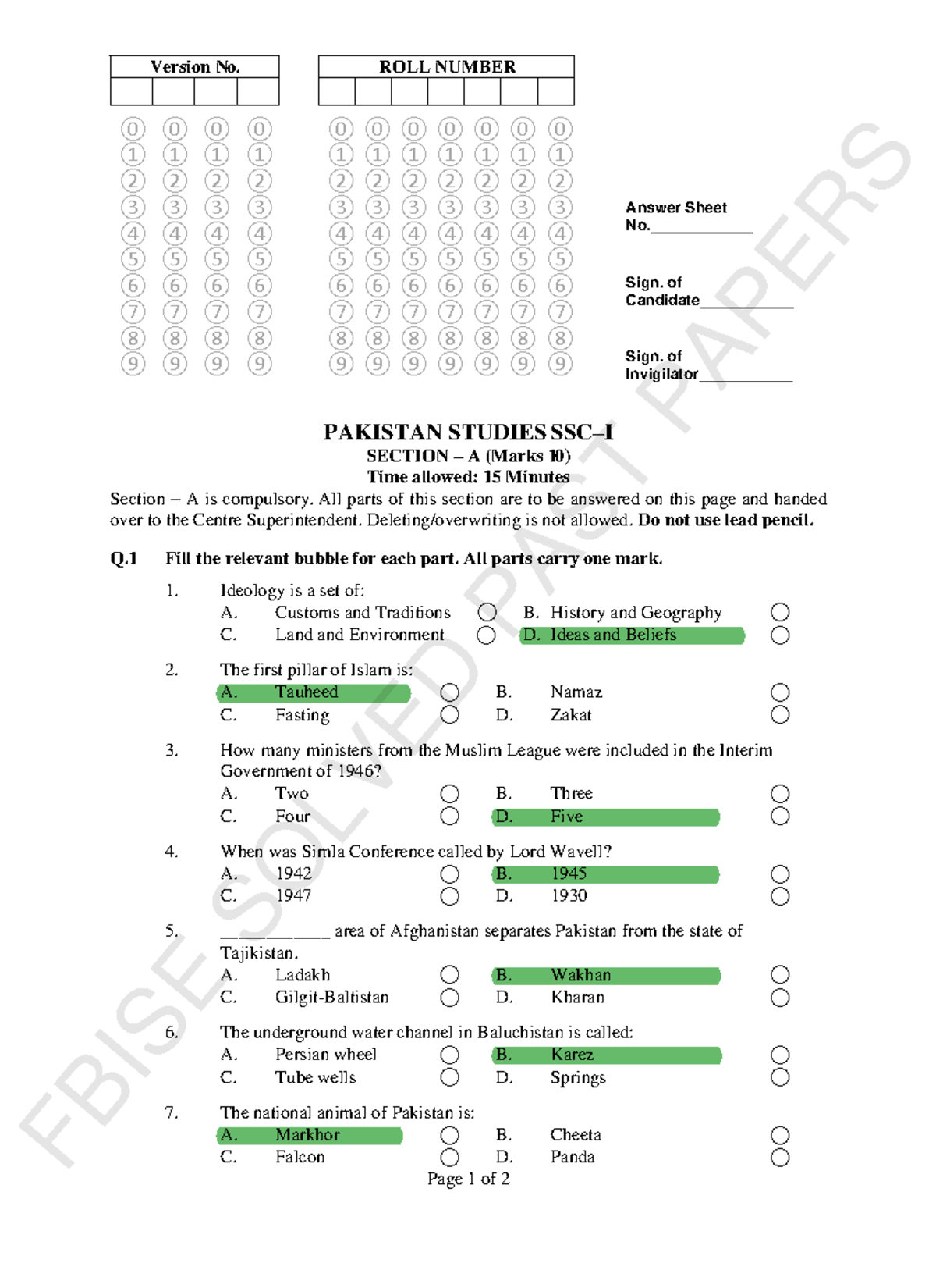 Class 9 Pakistan Studies Model Paper 1 Solution - Version No. ⓪ ⓪ ⓪ ⓪ ① ① ① ① ② ② ② ② ③ ③ ③ ③ ④ ...