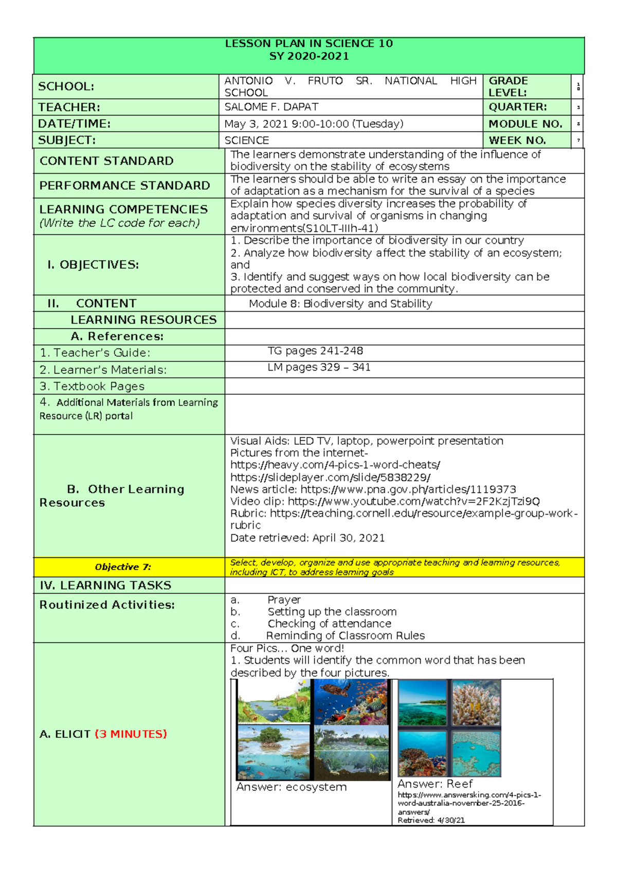 579260988 Lesson Plan in Science 10: Biodiversity and Stability - Studocu