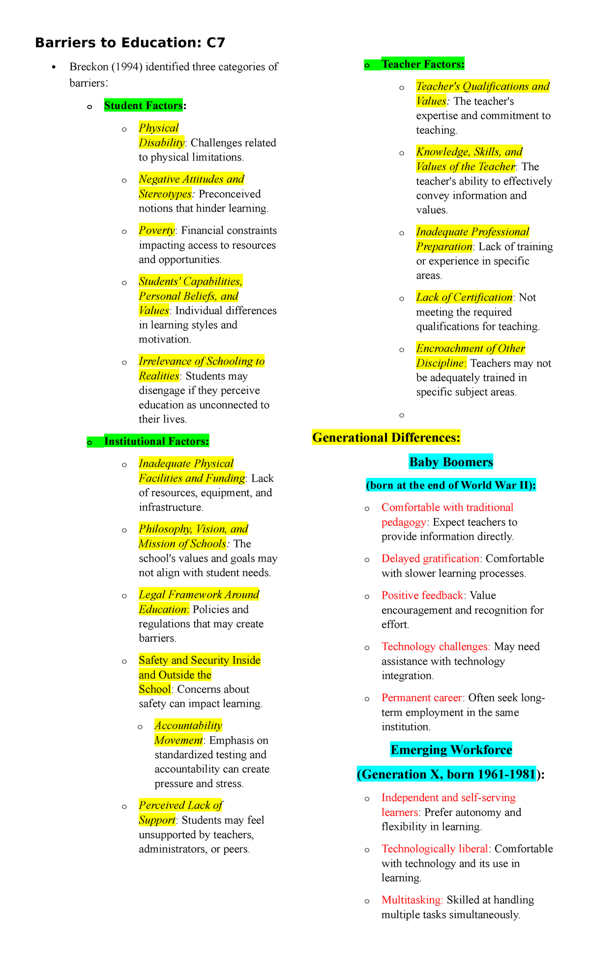 Health Education Chapter 7,8 - Barriers to Education: C Breckon (1994 ...