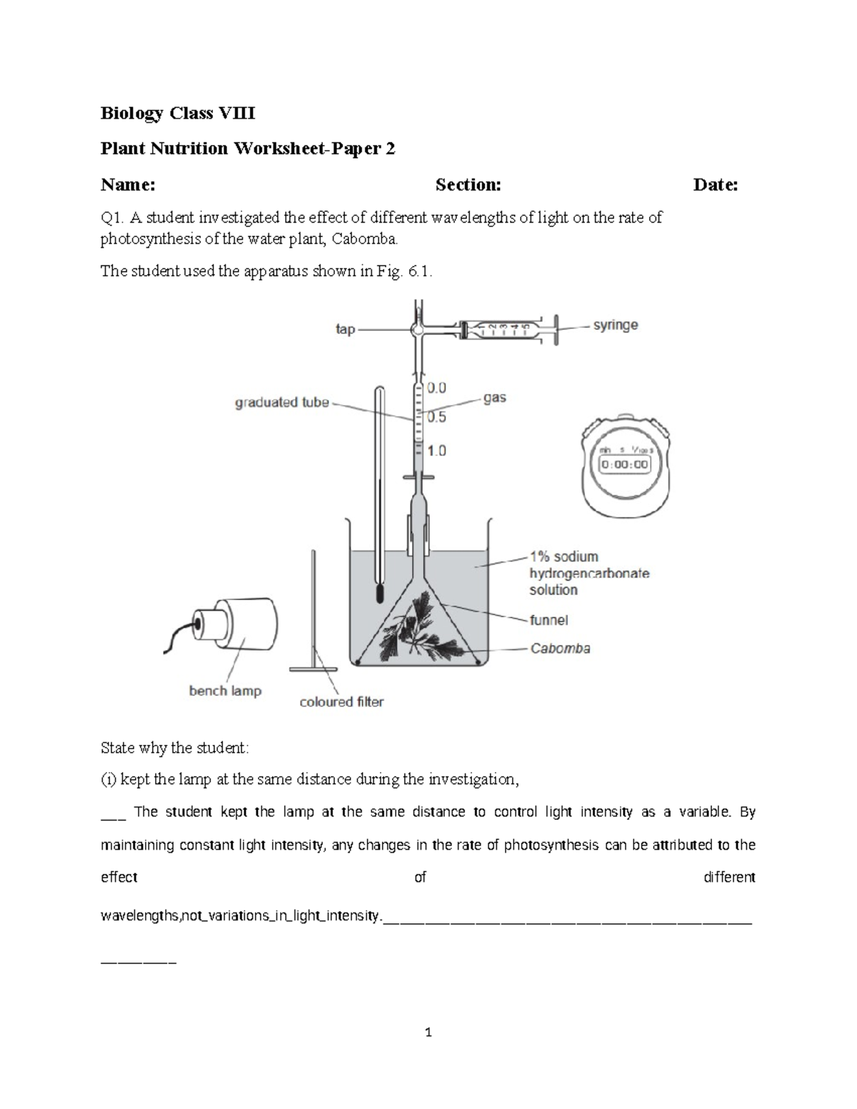 Plant Nutrition Exam Paper 2: Effects of Light on Photosynthesis - Studocu