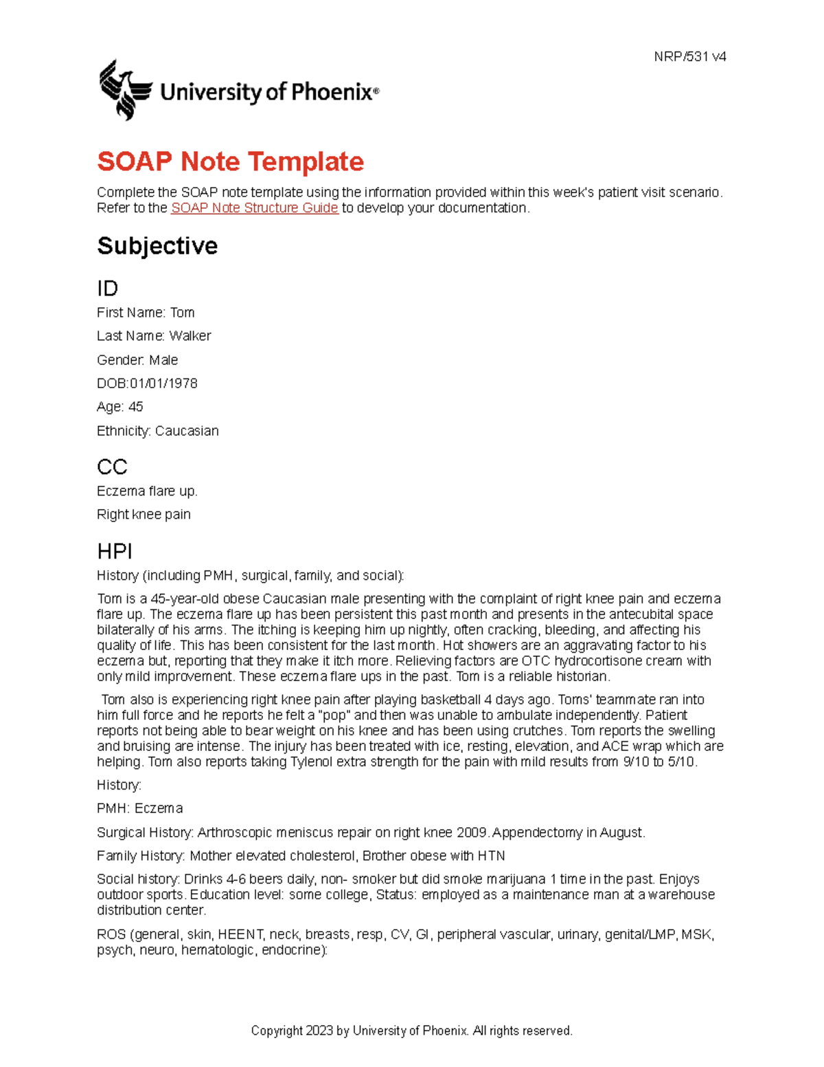 Tom walker soap note - SOAP note example - NRP/531 v SOAP Note Template ...