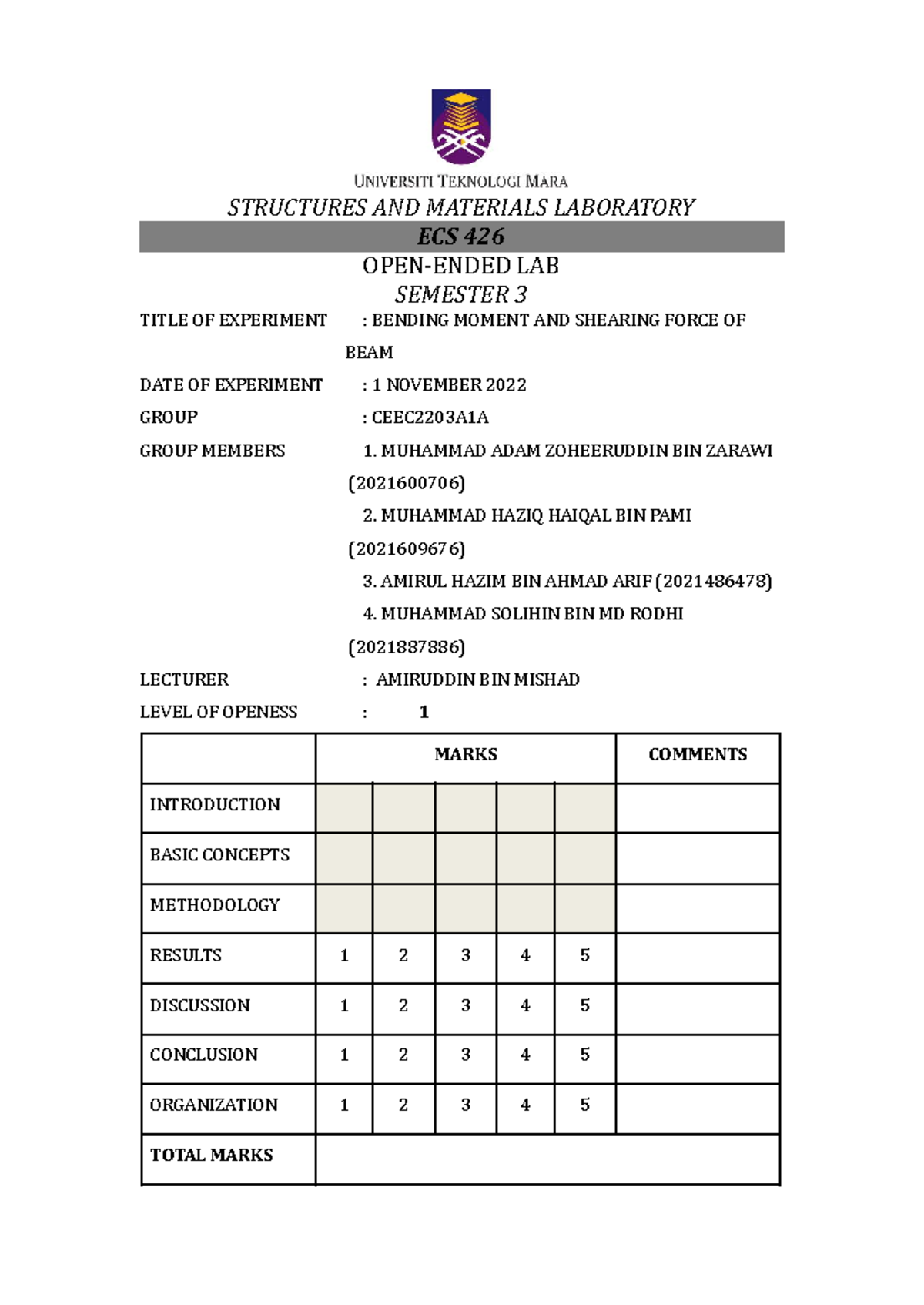 LAB 2 ECS426 - Bending Moment & Shearing Force Experiment Report - Studocu