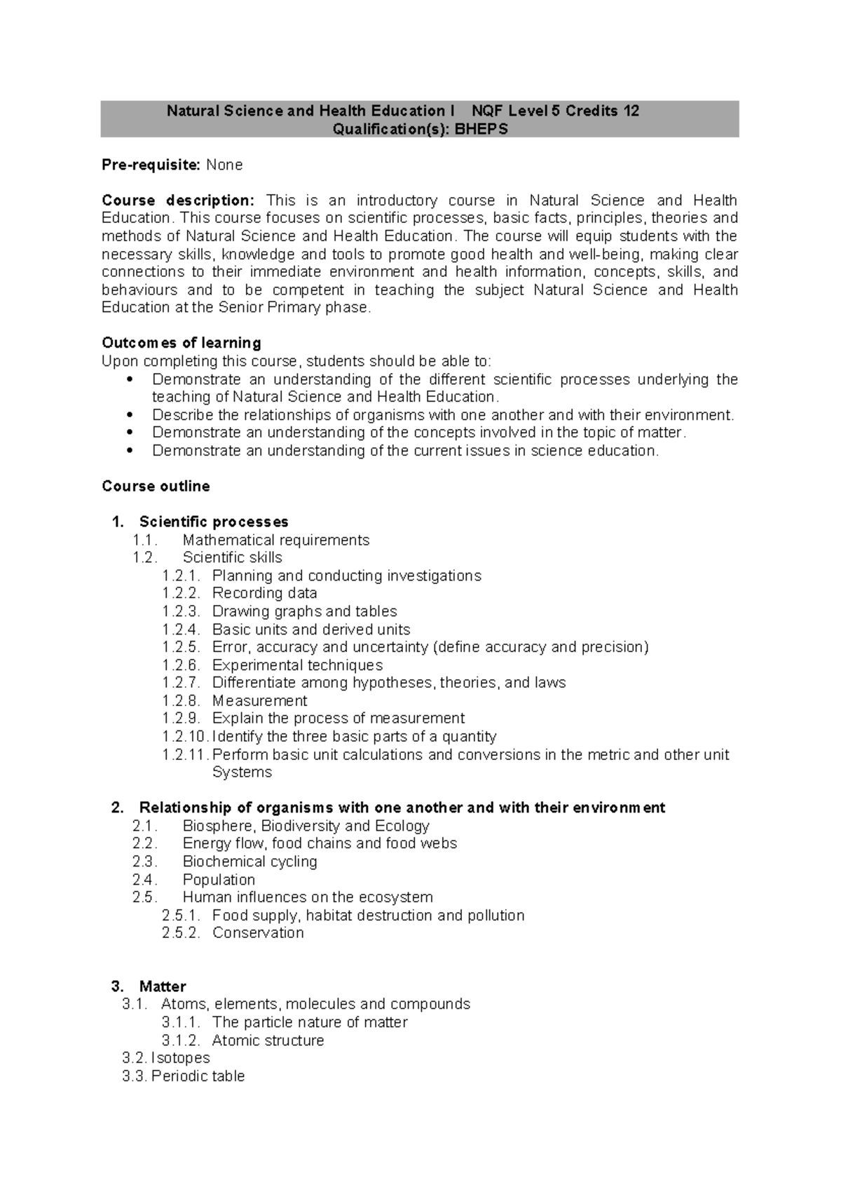 NS150UY Natural Science and Health Education I Course Outline - Studocu