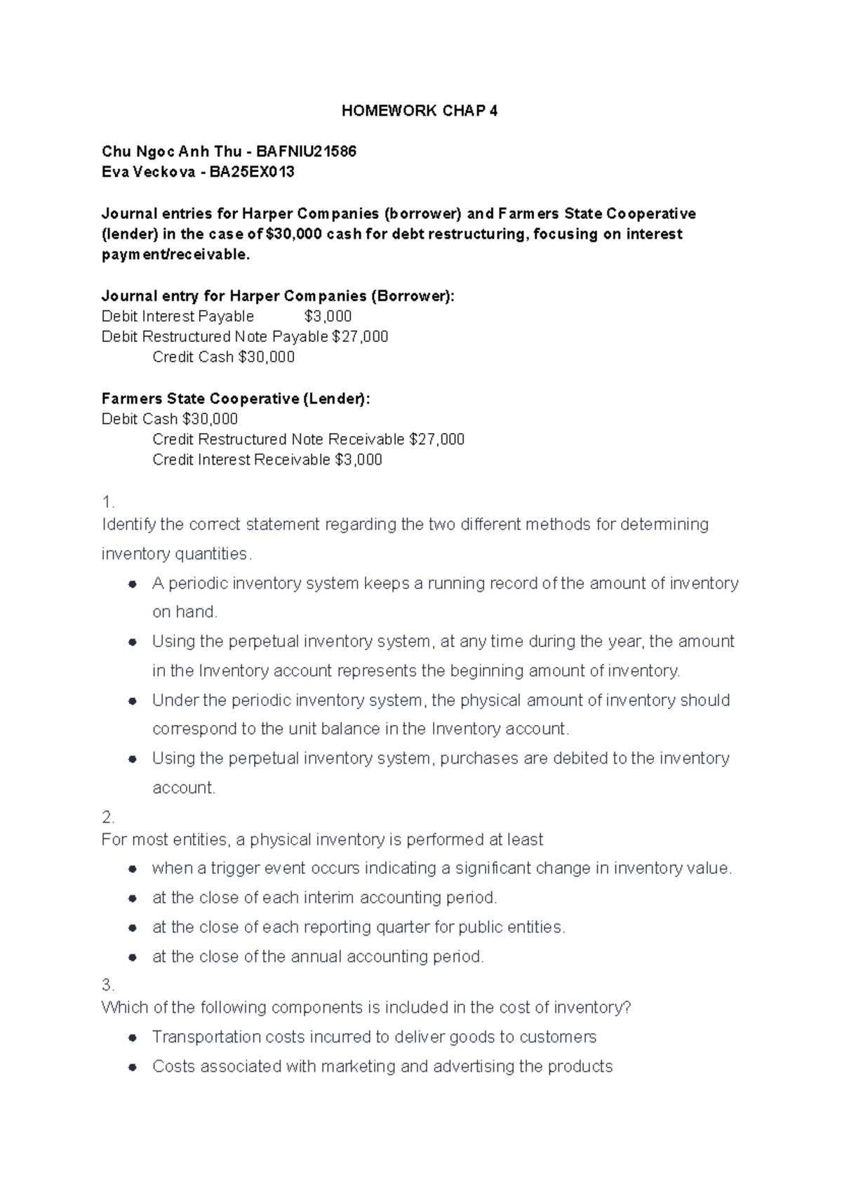 Homework W4: Journal Entries & Inventory Methods Analysis BAFNIU21586 ...