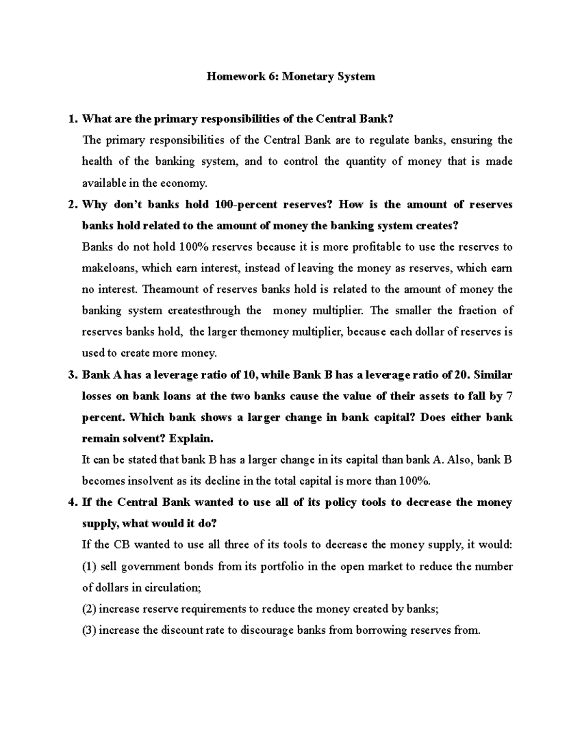 Homework 6 - Monetary System in Macroeconomics: Central Bank Roles and ...