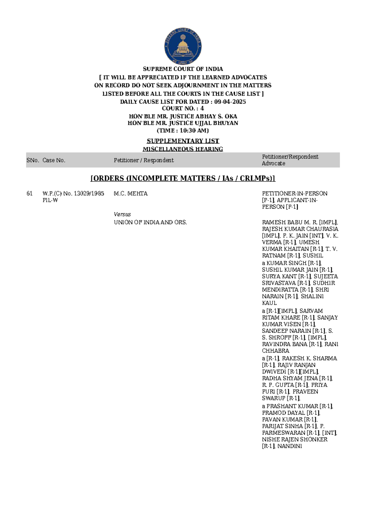 Daily cause list for Supreme Court of India dated: court no. 4 - Studocu