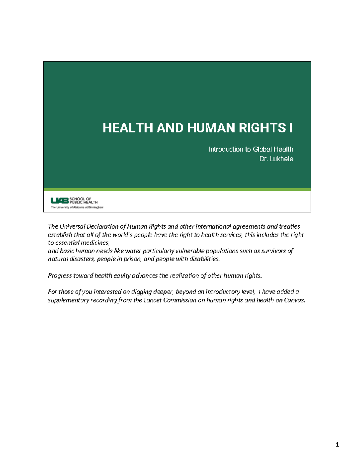 HEALTH AND HUMAN RIGHTS I: Understanding the UDHR's Global Health ...