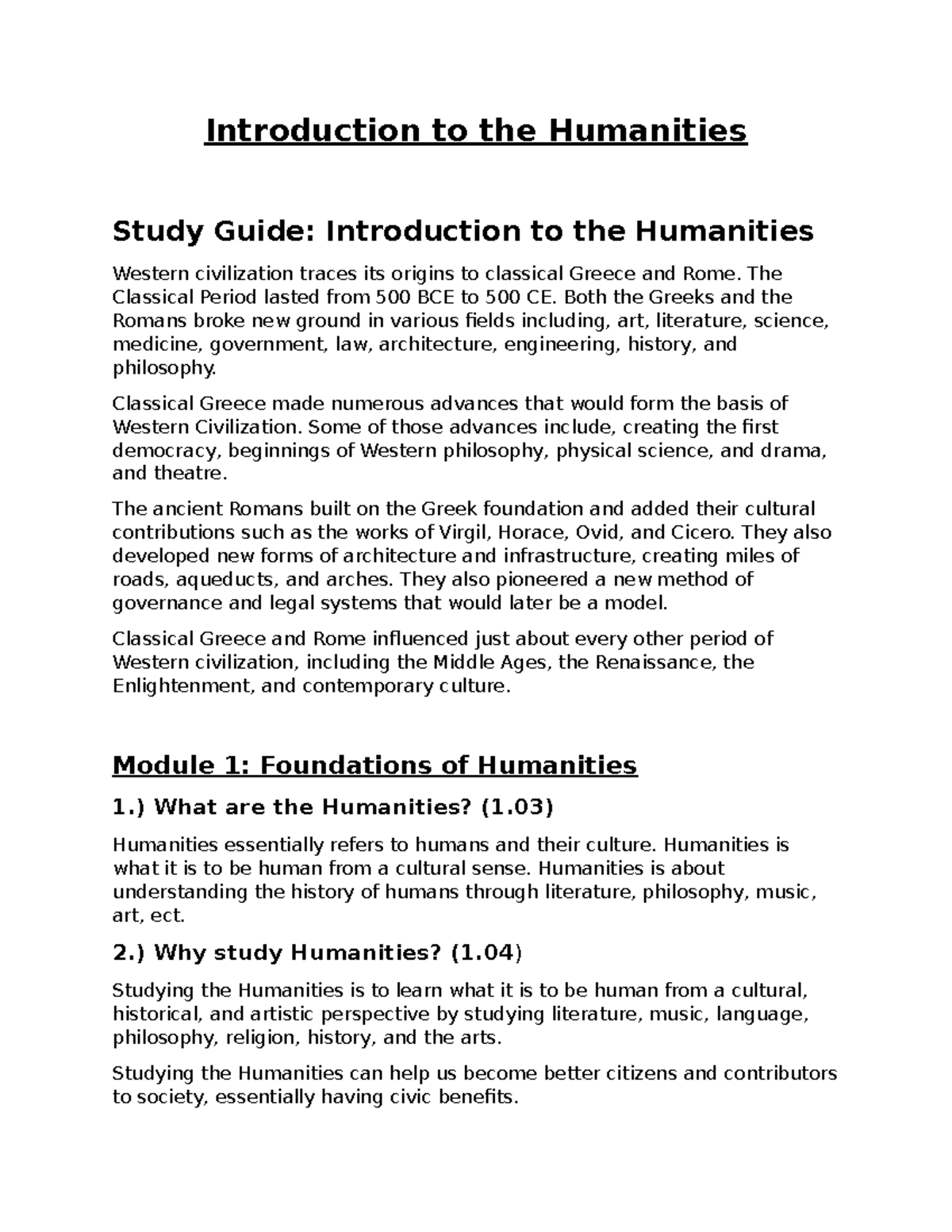 Study Guide Classical Period - Introduction to the Humanities Study ...