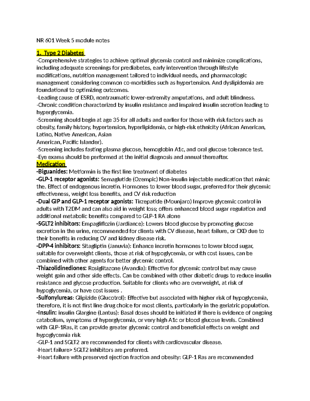 NR 601 Week 6 Module Notes: T2 Diabetes, Thyroid Disorders, and ...