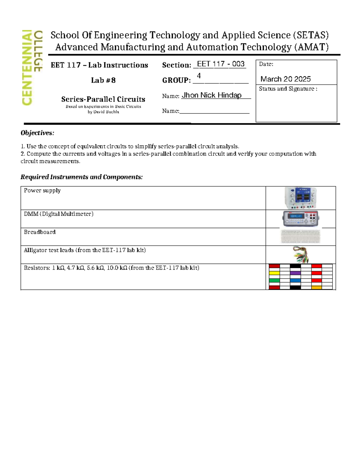EET 117 Lab 8: Basic Circuits Experiment Instructions - Studocu