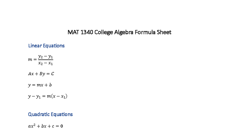 MAT 1340 College Algebra Exam Formula Sheet - Studocu