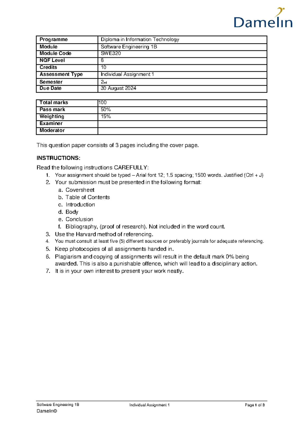SWE 1B Individual Assignment 1 2024 - Software Engineering 1B ...