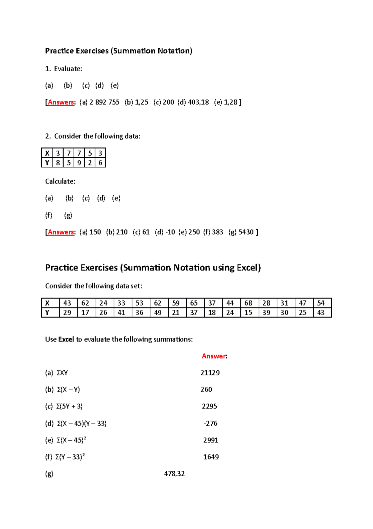 STFM125 Practice Exercises - Summation Notation and Excel - Studocu