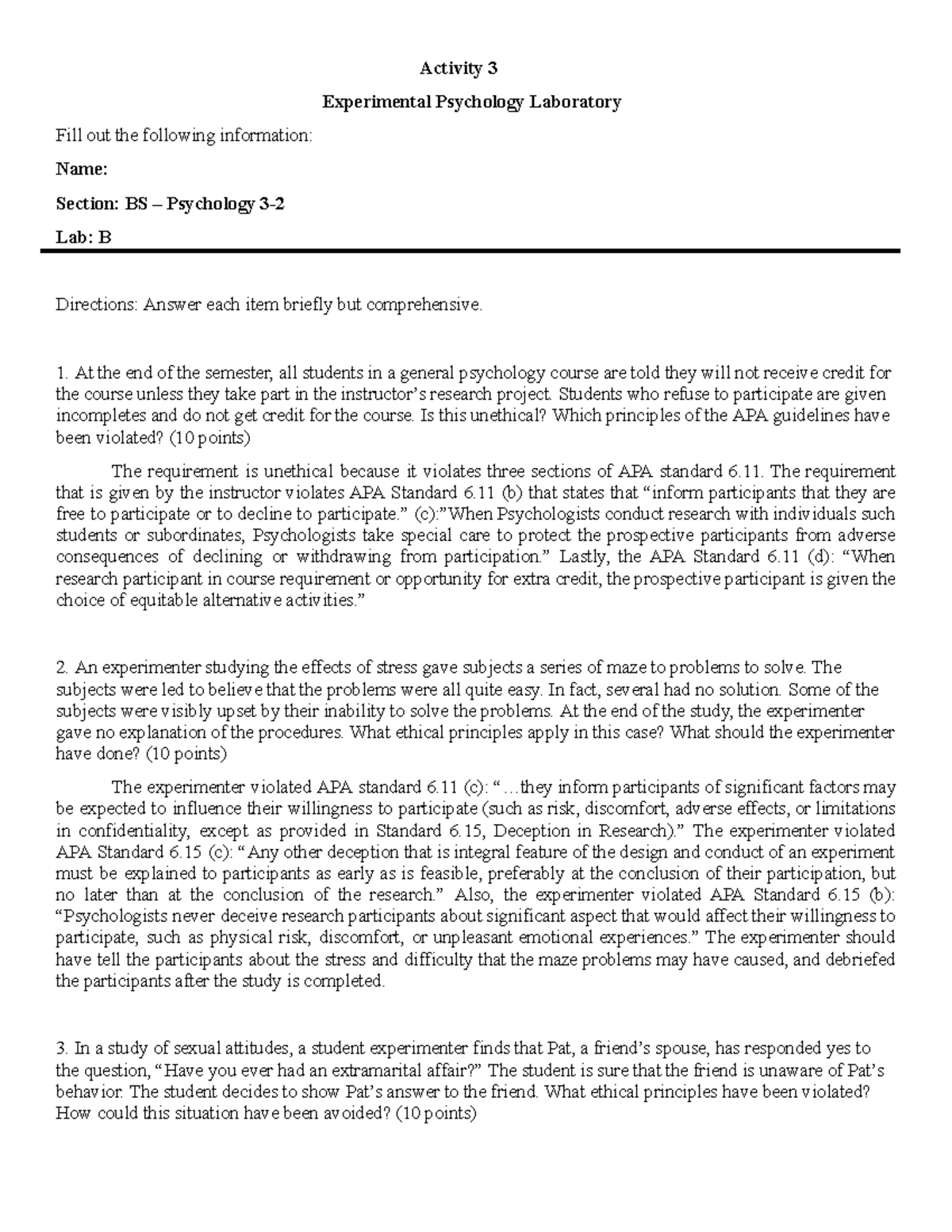 Experimental Psychology - Interpretation 3 - Activity 3 Experimental ...