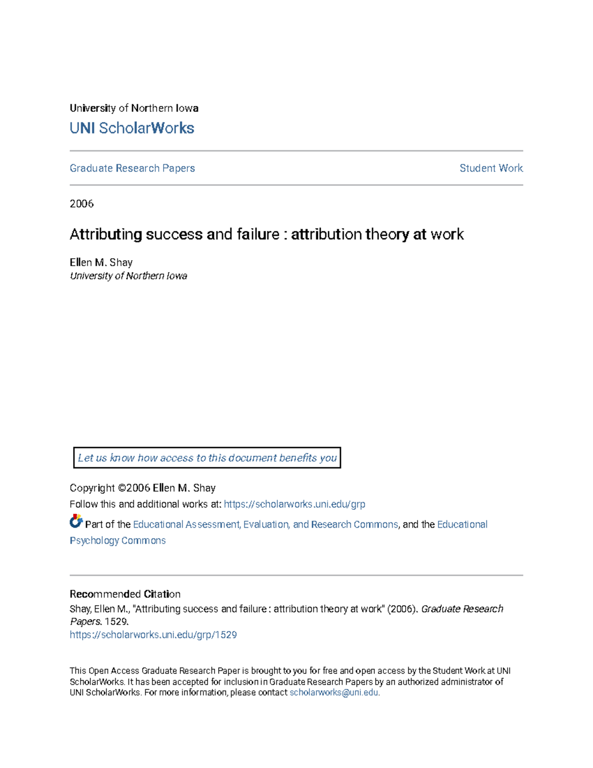 Attributing success and failure attribution theory at work - Shay University of Northern Iowa ...