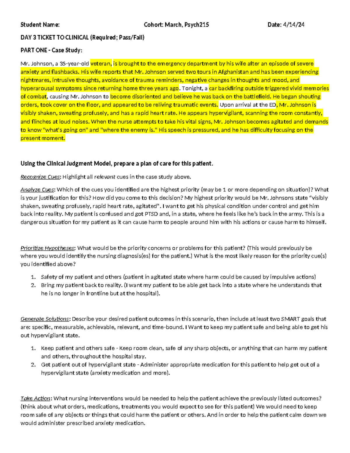 Psych215 Day 3 Clinical Case Study: Mr. Johnson's PTSD Management - Studocu