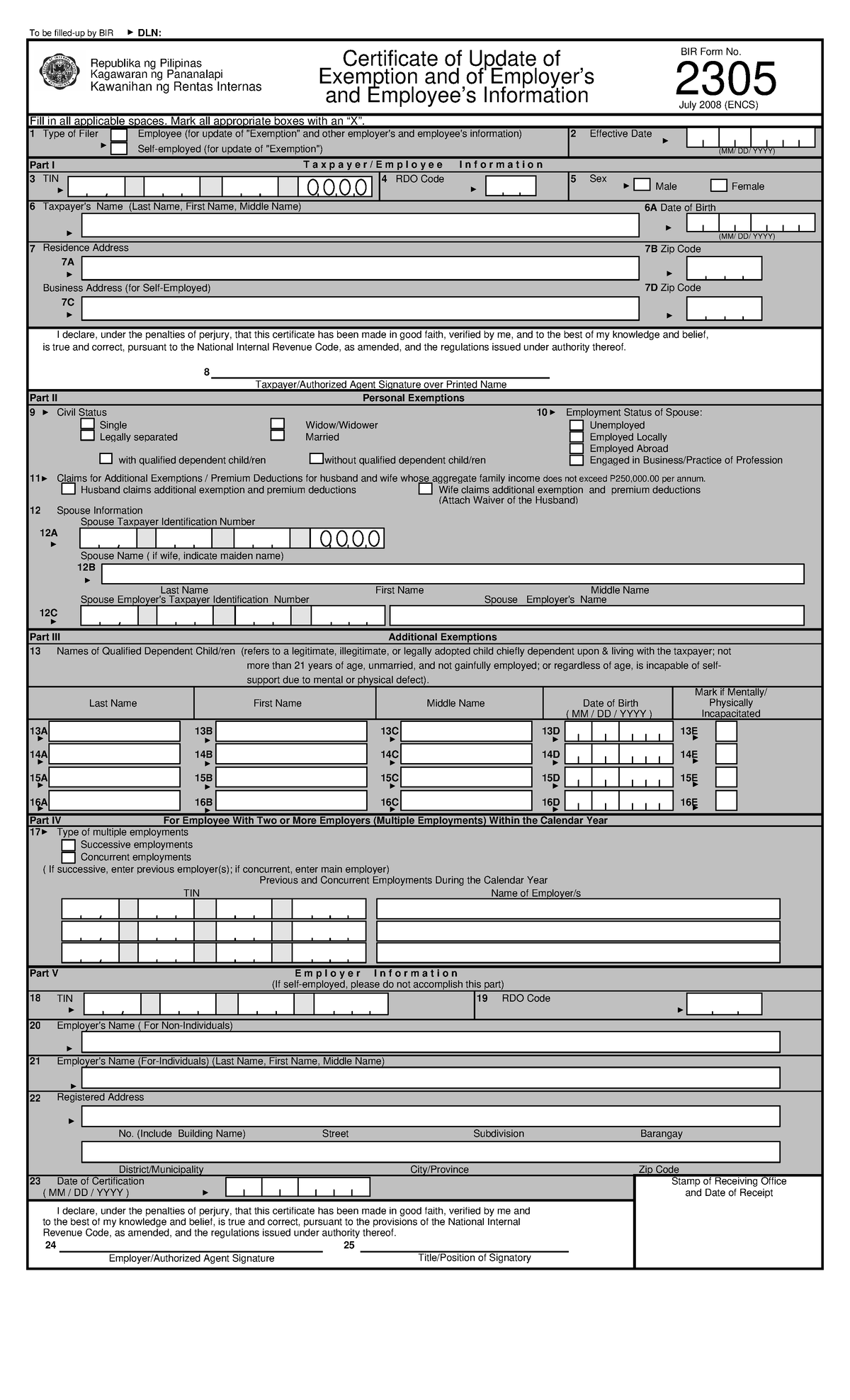 BIRForm 2305 - To be filled out - To be filled-up by BIR DLN: Fill in ...