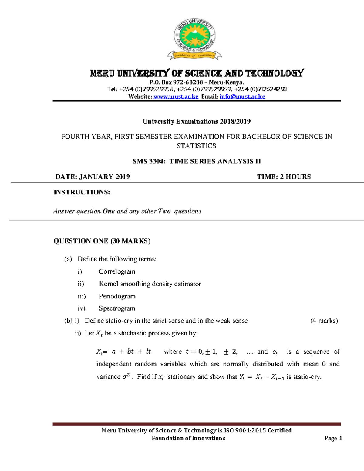 SMS 3304: Time Series Analysis II - Fourth Year Exam January 2019 - Studocu