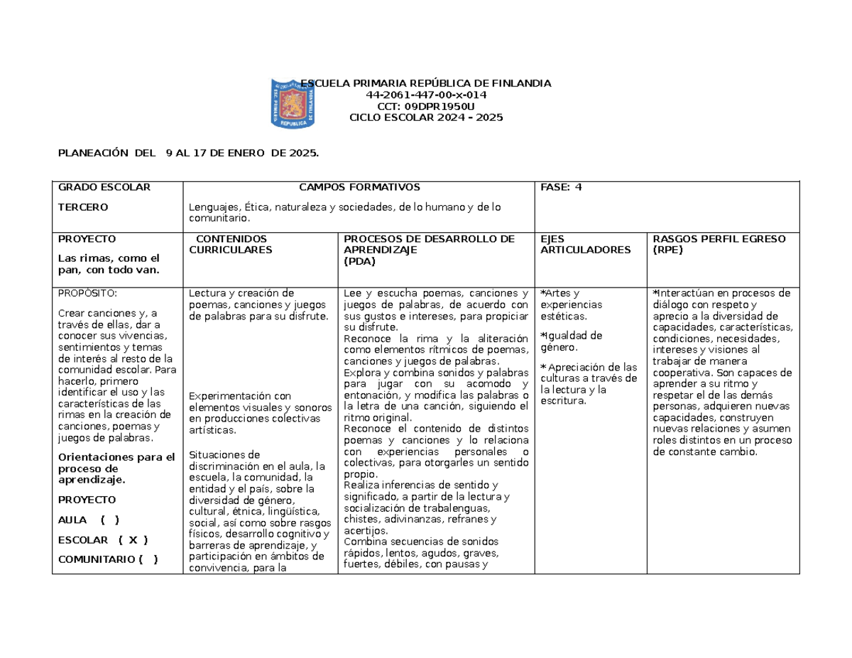 Planeación Escolar Tercero: Proyectos del 9 al 31 de Enero 2025 - Studocu