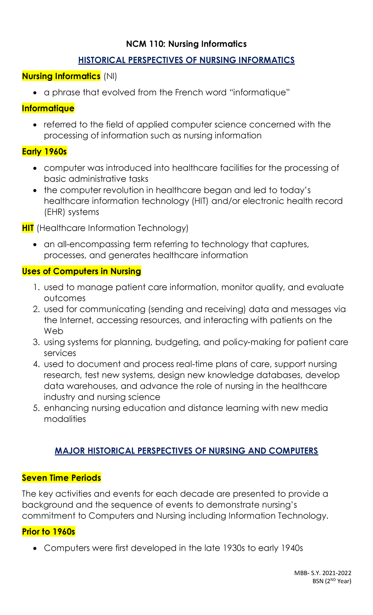 NCM110 Nursing Informatics: Historical Perspectives and Key ...