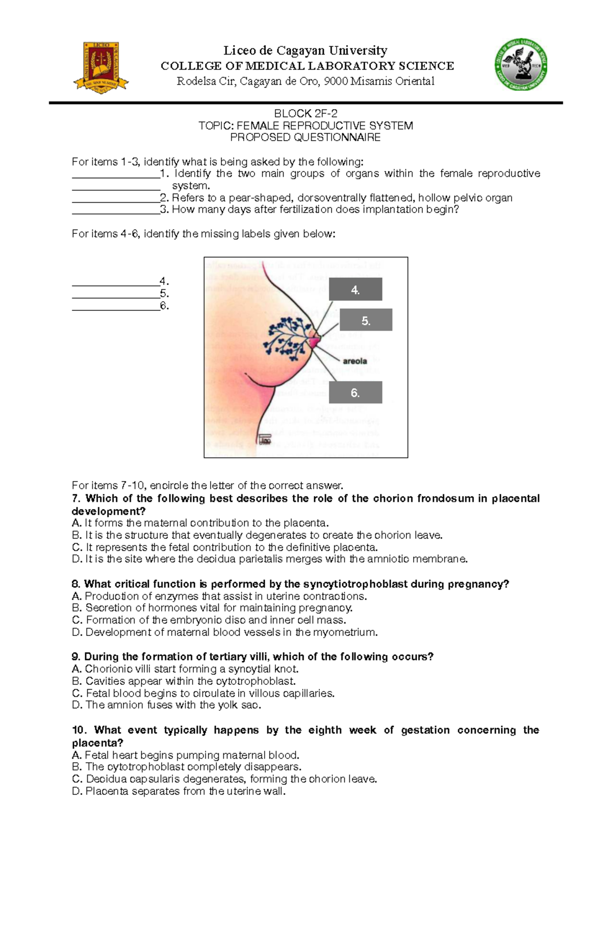 2F2 Female Reproductive System Final Practical Questionnaire - Studocu