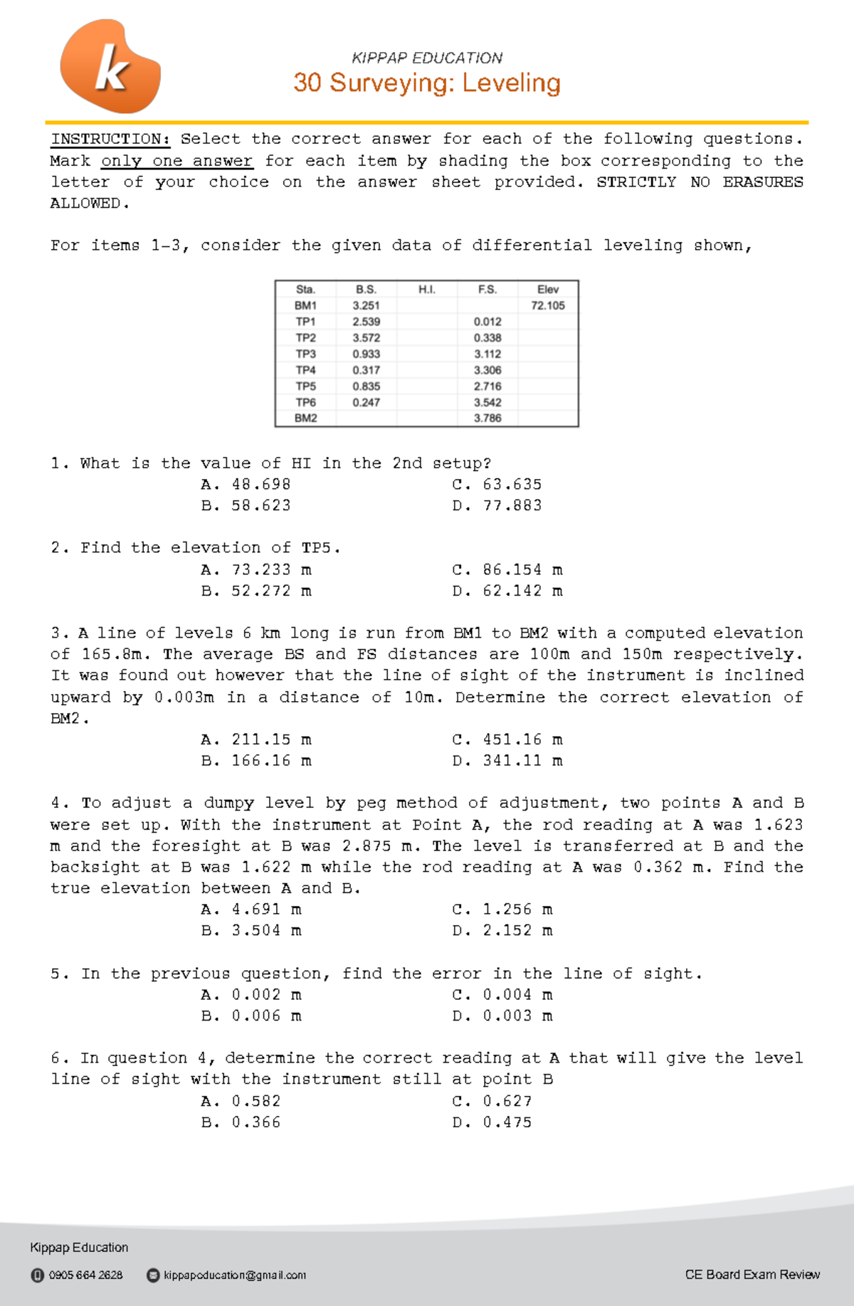 Surveying Leveling Practice Questions for MSTE 30 Exam Prep - Studocu