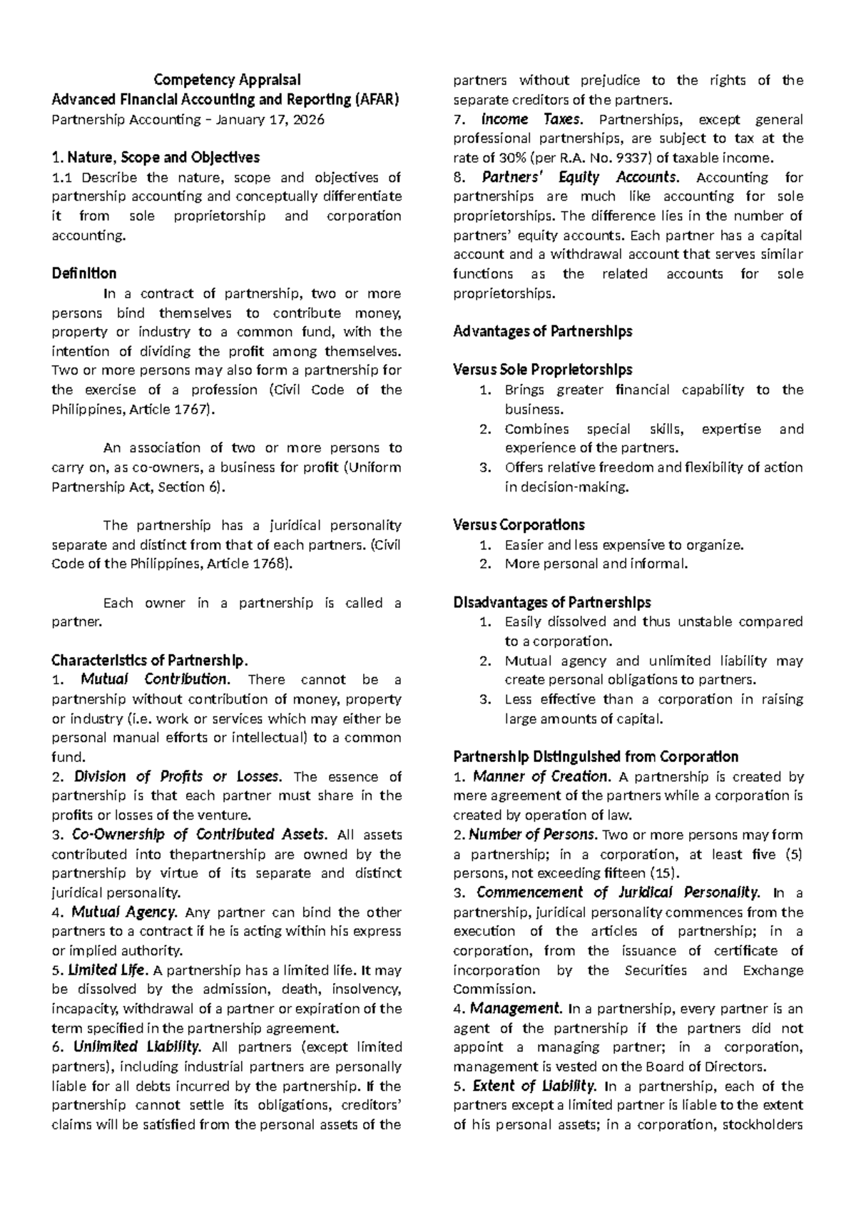 AFAR-1: Partnership Accounting Overview and Key Concepts - Studocu