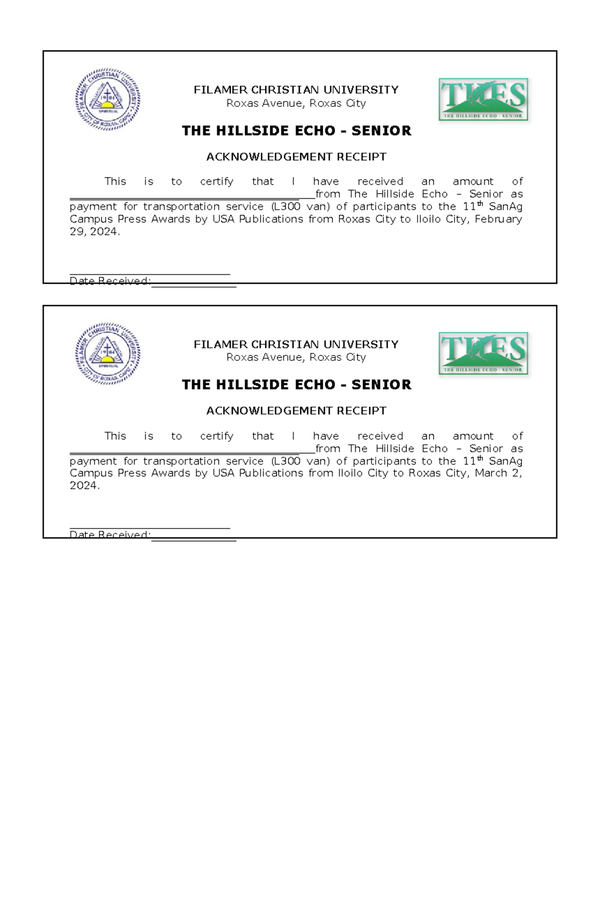 FILAMER CHRISTIAN UNIVERSITY Acknowledgement Receipts for Events - Studocu
