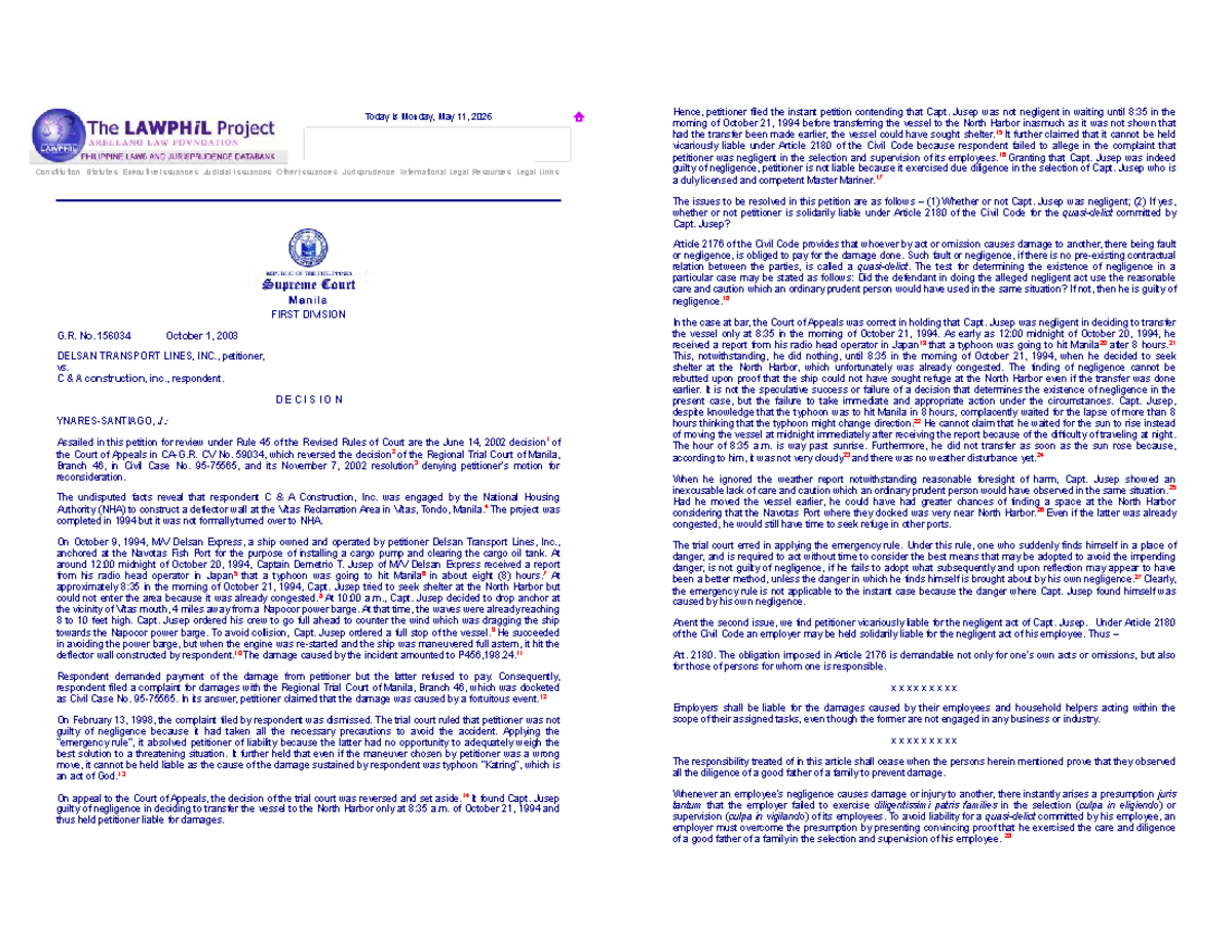 G.R. No. 156034: Negligence Case Review on Capt. Jusep's Actions - Studocu