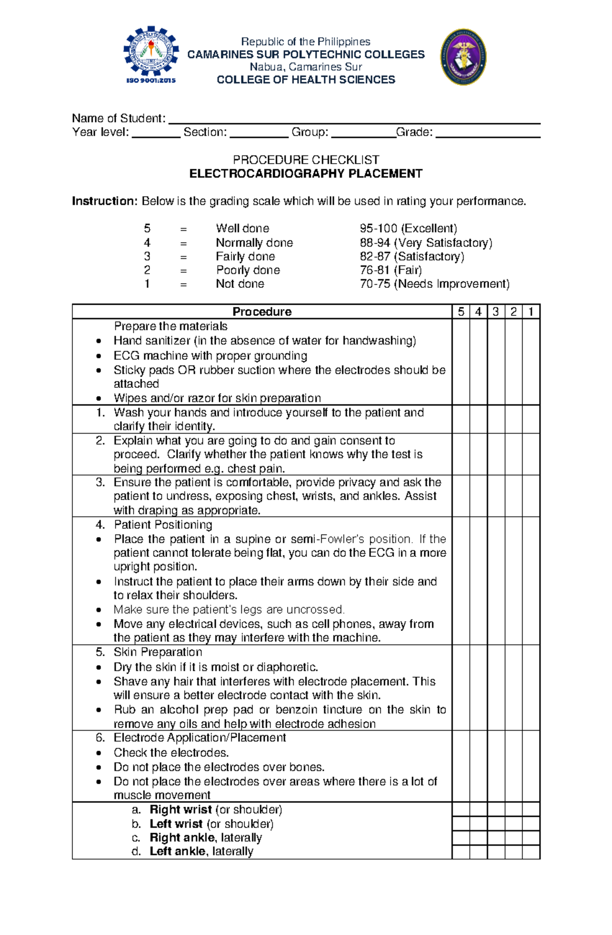 ECG Procedure Checklist for Health Sciences Course (CHS 101) - Studocu