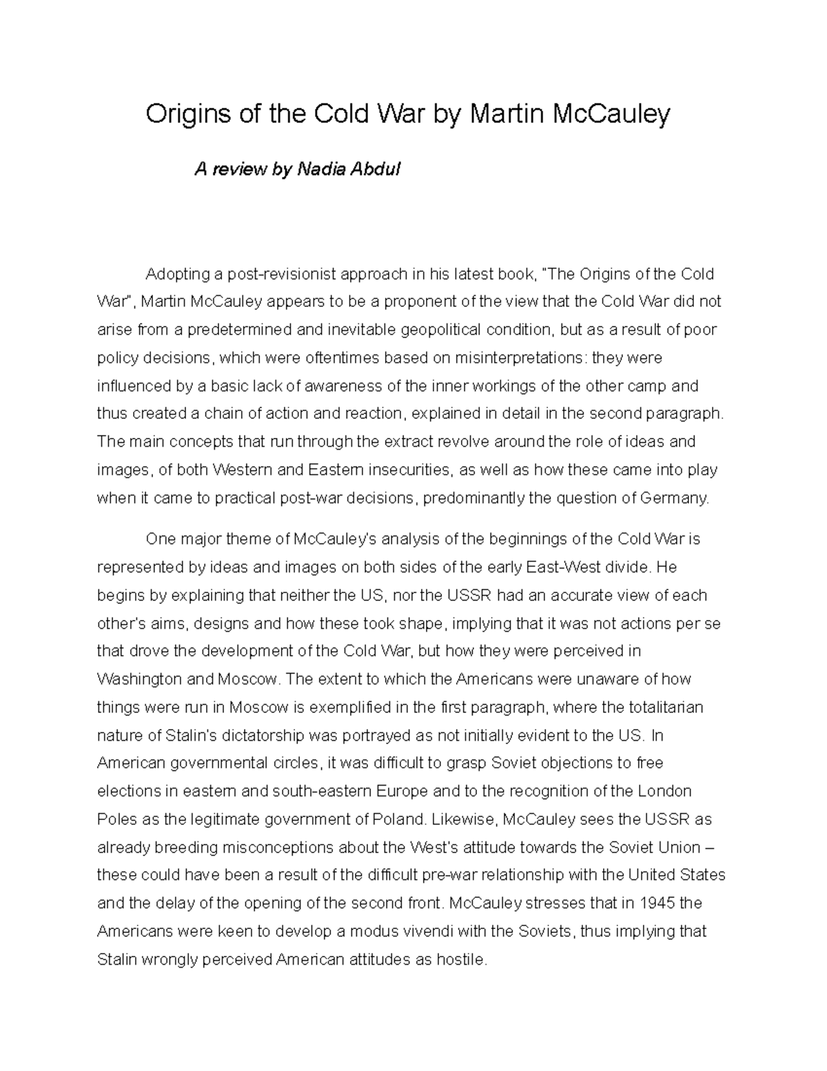 Review of Martin McCauley's Analysis on the Origins of the Cold War ...