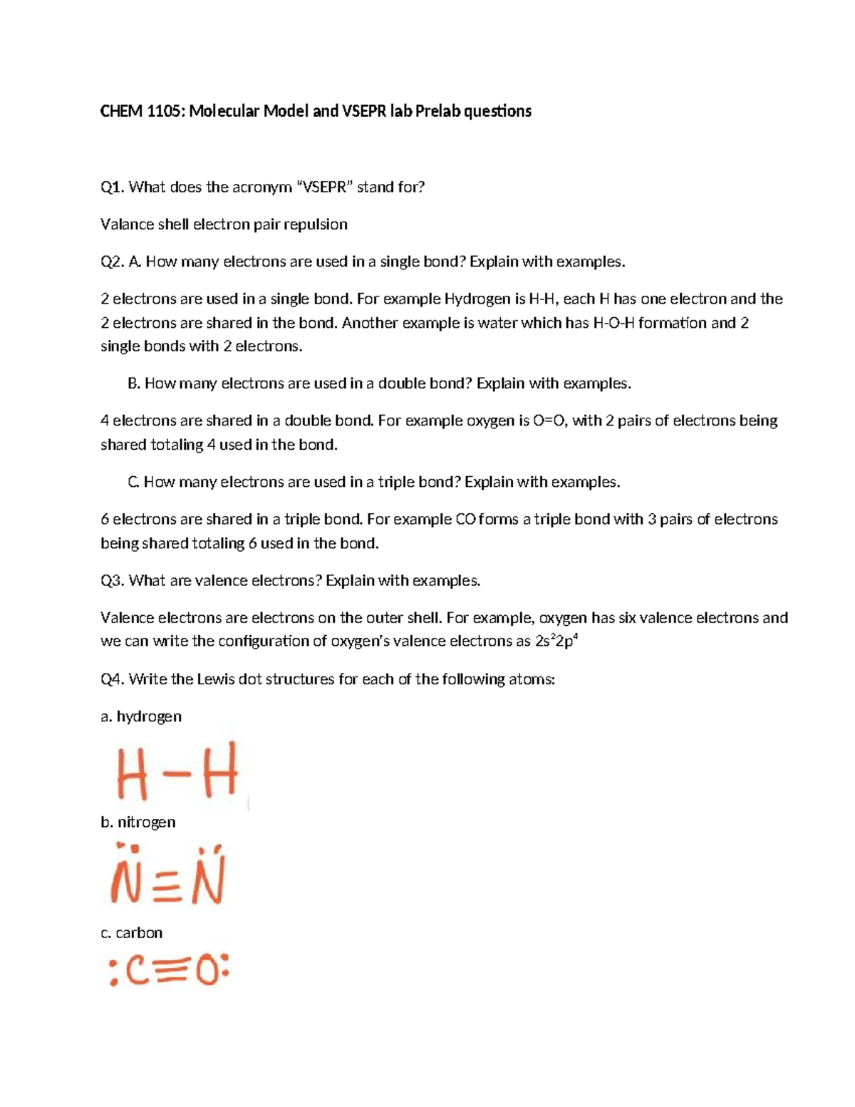 CHEM 1105: Lab 10 - Molecular Model & VSEPR Prelab Questions - Studocu
