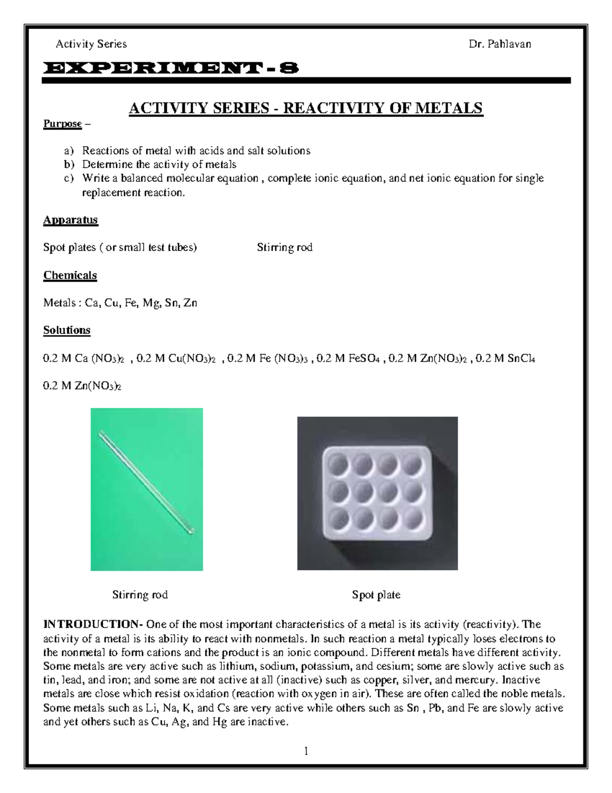 Lab 8: Activity Series and Reactivity of Metals (LSC) - Studocu