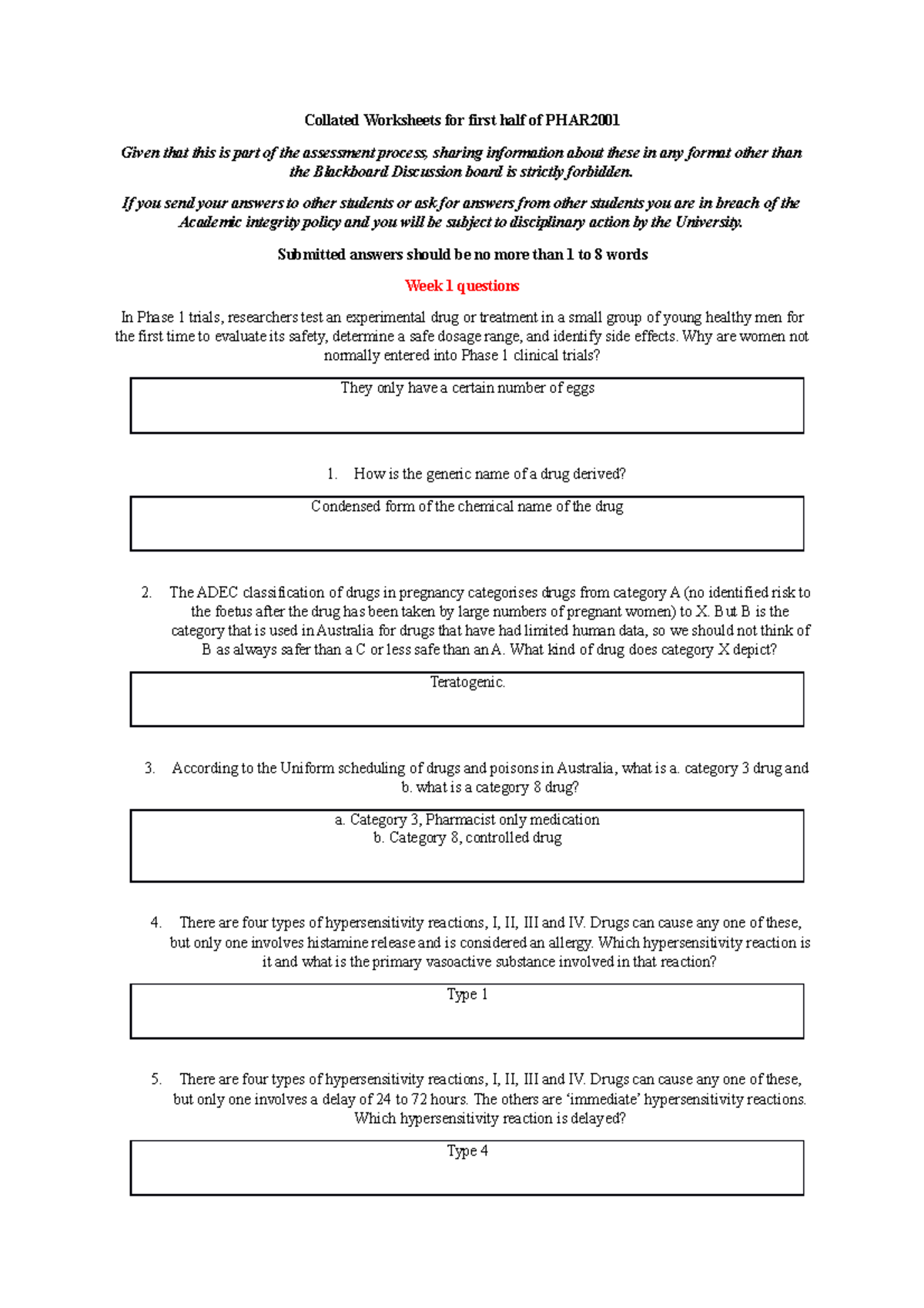 Pharm part 1 - Part 1 - Collated Worksheets for first half of PHAR ...
