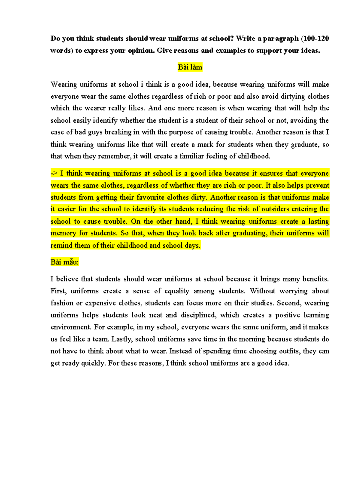 Do you think students should wear uniforms at school - Give reasons and ...