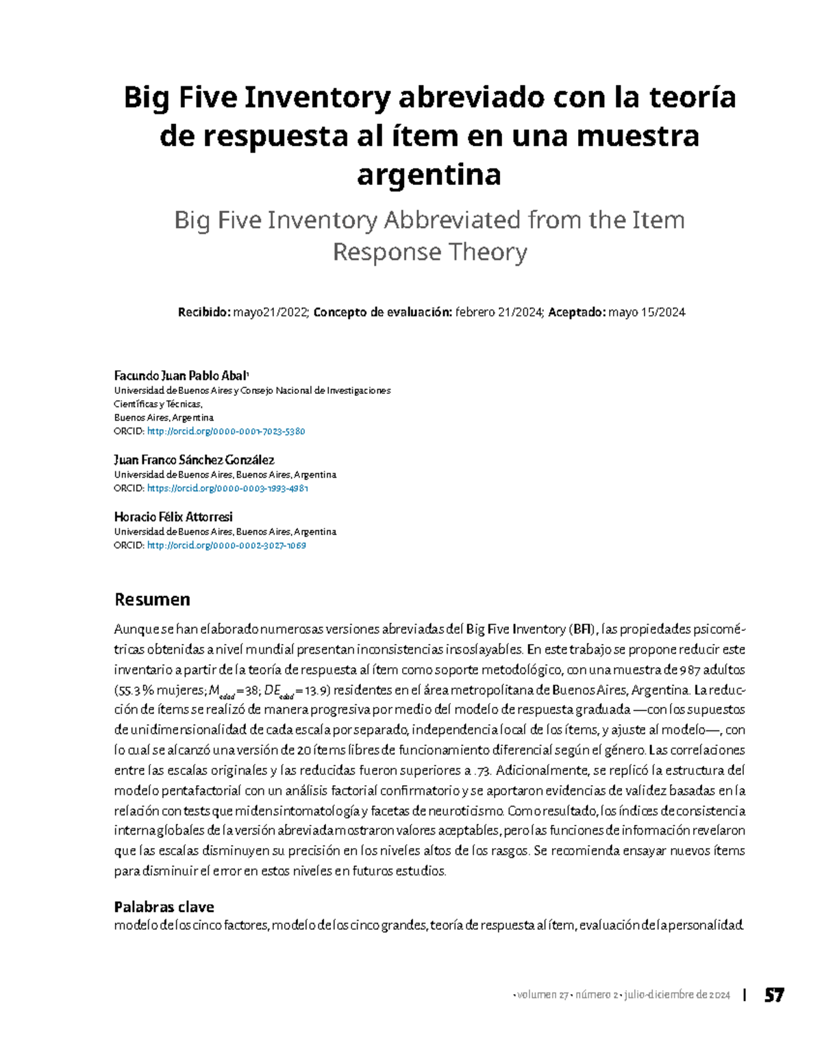 Big Five Inventory Abreviado: Análisis Psicométrico en Argentina - Studocu