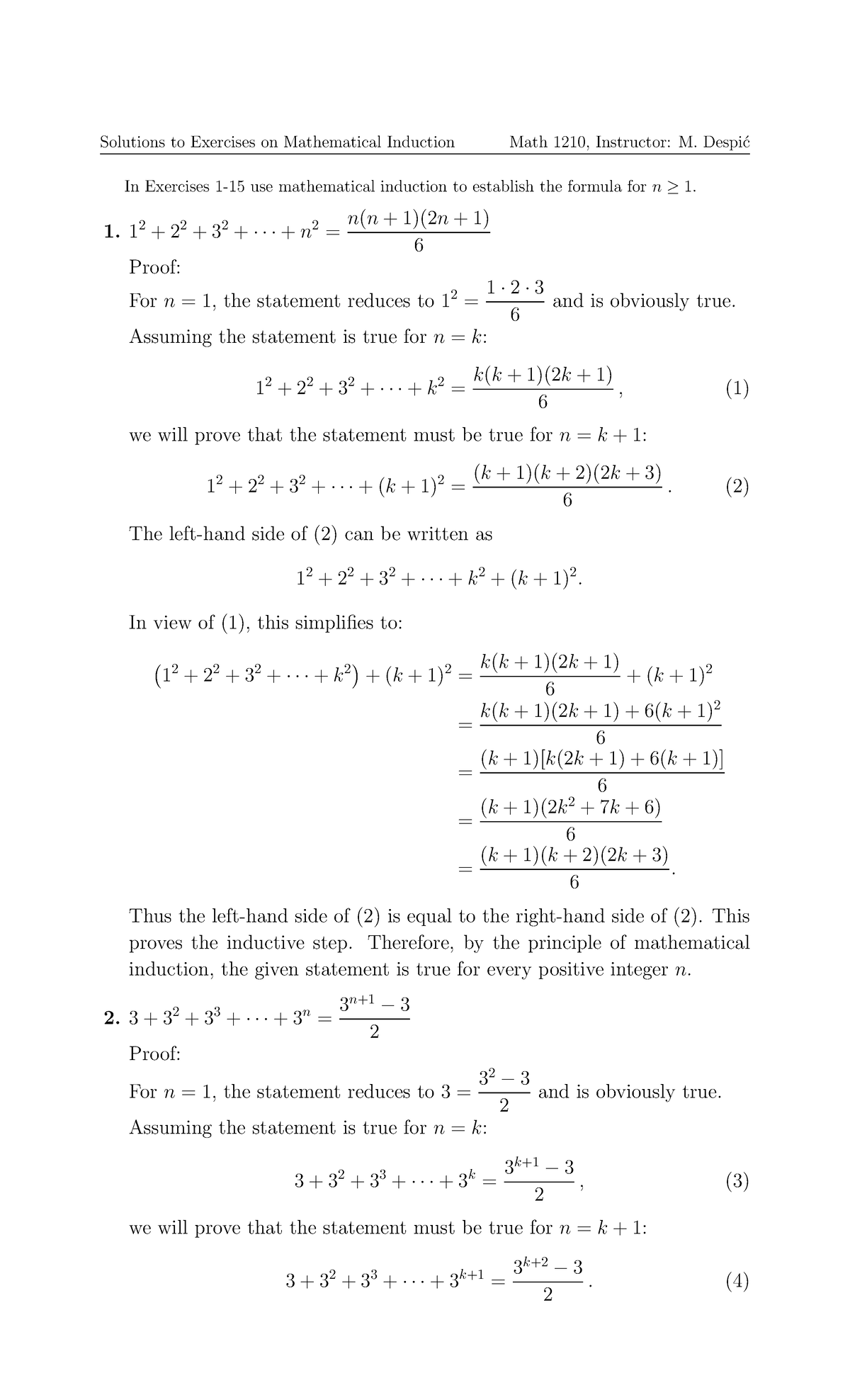 Practice Materials for MATH 1210 Midterm Exam (Induction Exercises ...