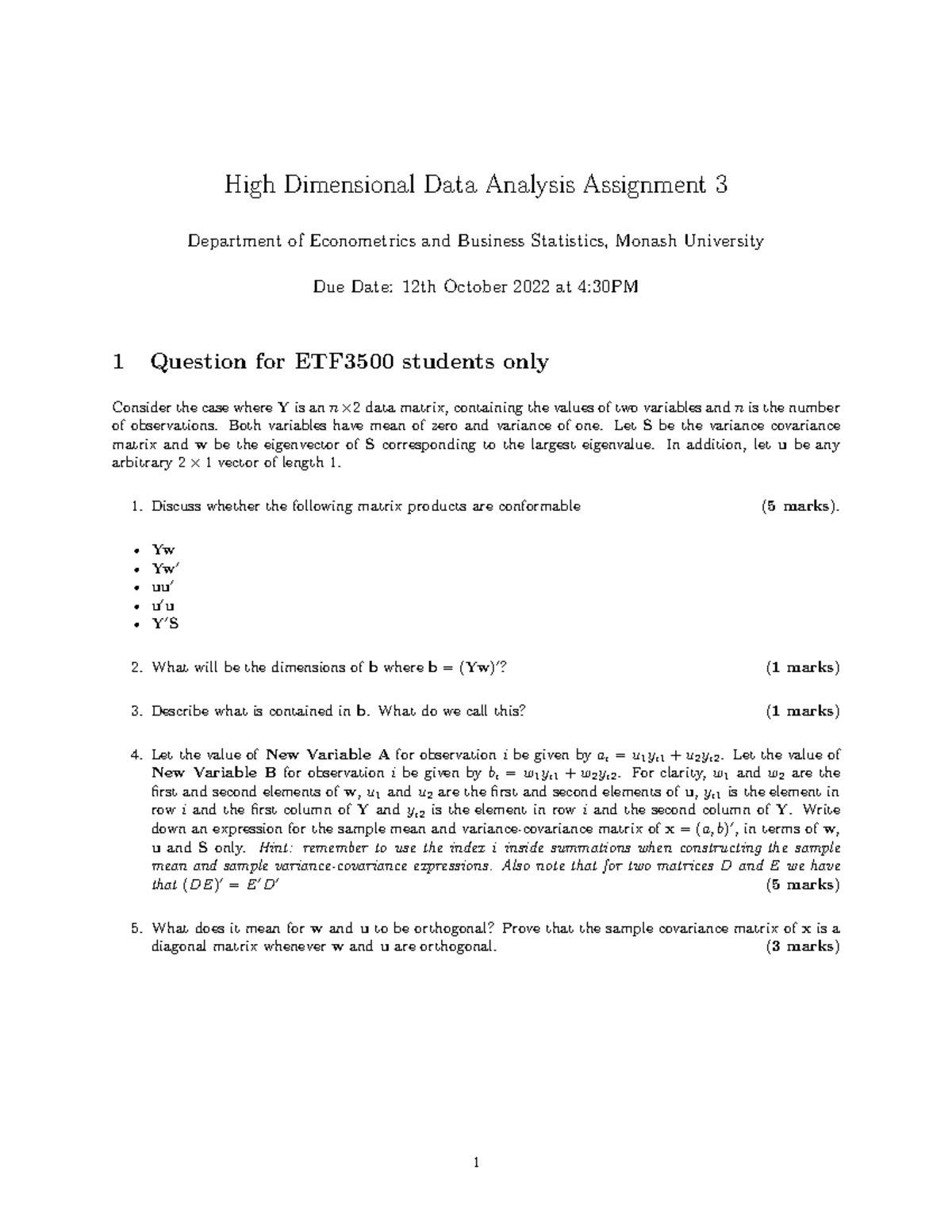 High Dimensional Data Analysis - ETF3500 Assignment 3 Instructions ...