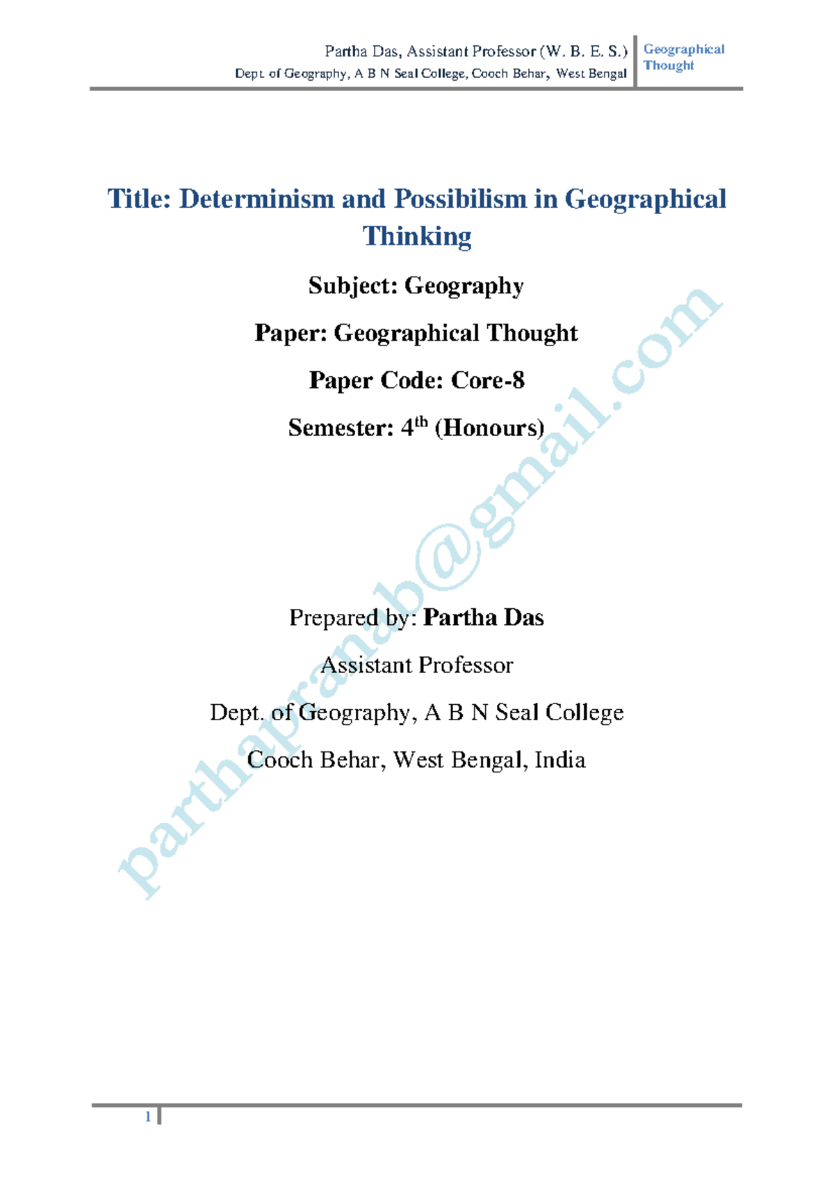 Geographical Thought: Determinism and Possibilism (GEOG 4th Sem) - Studocu