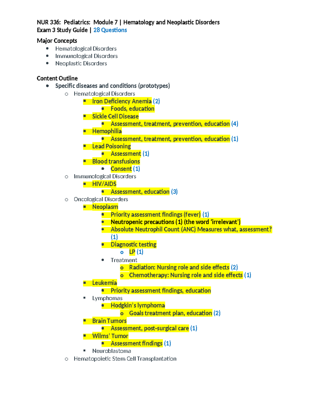 NUR 336 Exam 3 Study Guide: Hematology & Neoplastic Disorders - Studocu