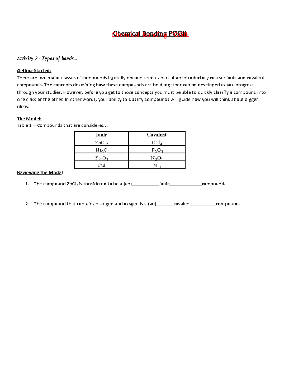 Chemical Ionic Bonding Pogil - Chemical Bonding POGIL Activity 2 ...