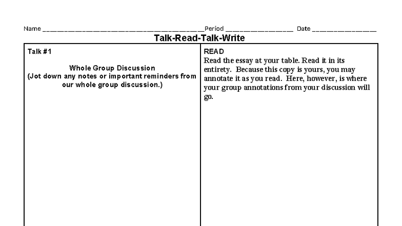 Talk Read Talk Write - Essay Discussion & Annotations Guide - Studocu
