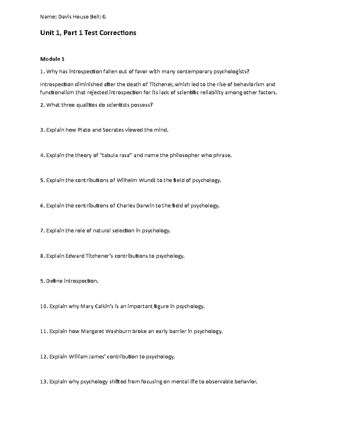 Unit 1, Part 1 Psychology Test Corrections and Explanations - Studocu