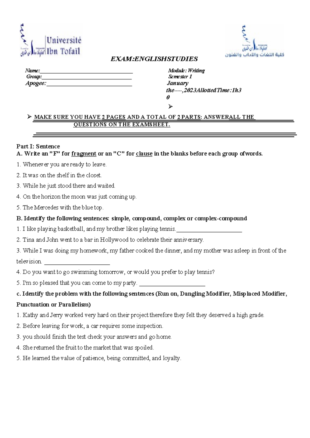 Final Exam: English Studies Writing Module (Semester 1, 2023) - Studocu