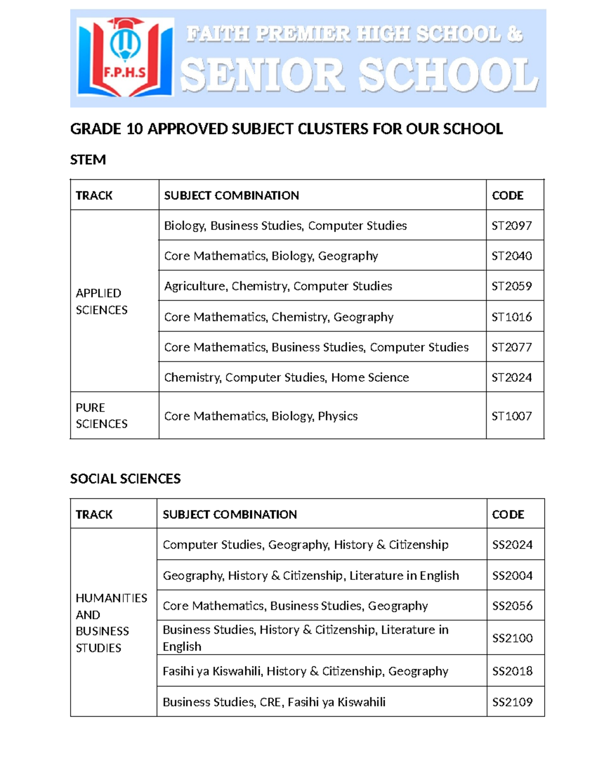 Grade 10 Approved Subject Combinations for STEM & Humanities - Studocu