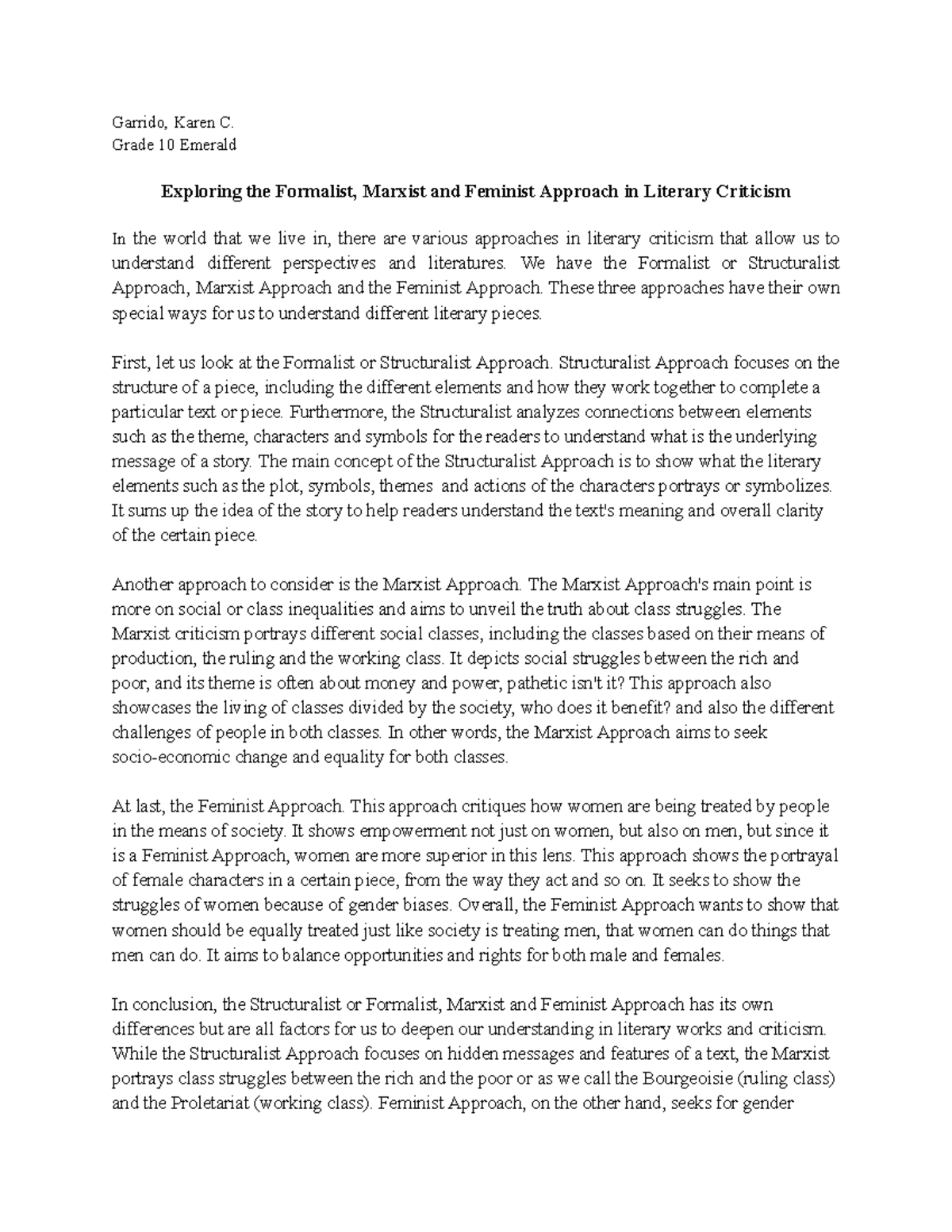 Grade 10 Essay Notes: Exploring Formalist, Marxist & Feminist Criticism ...