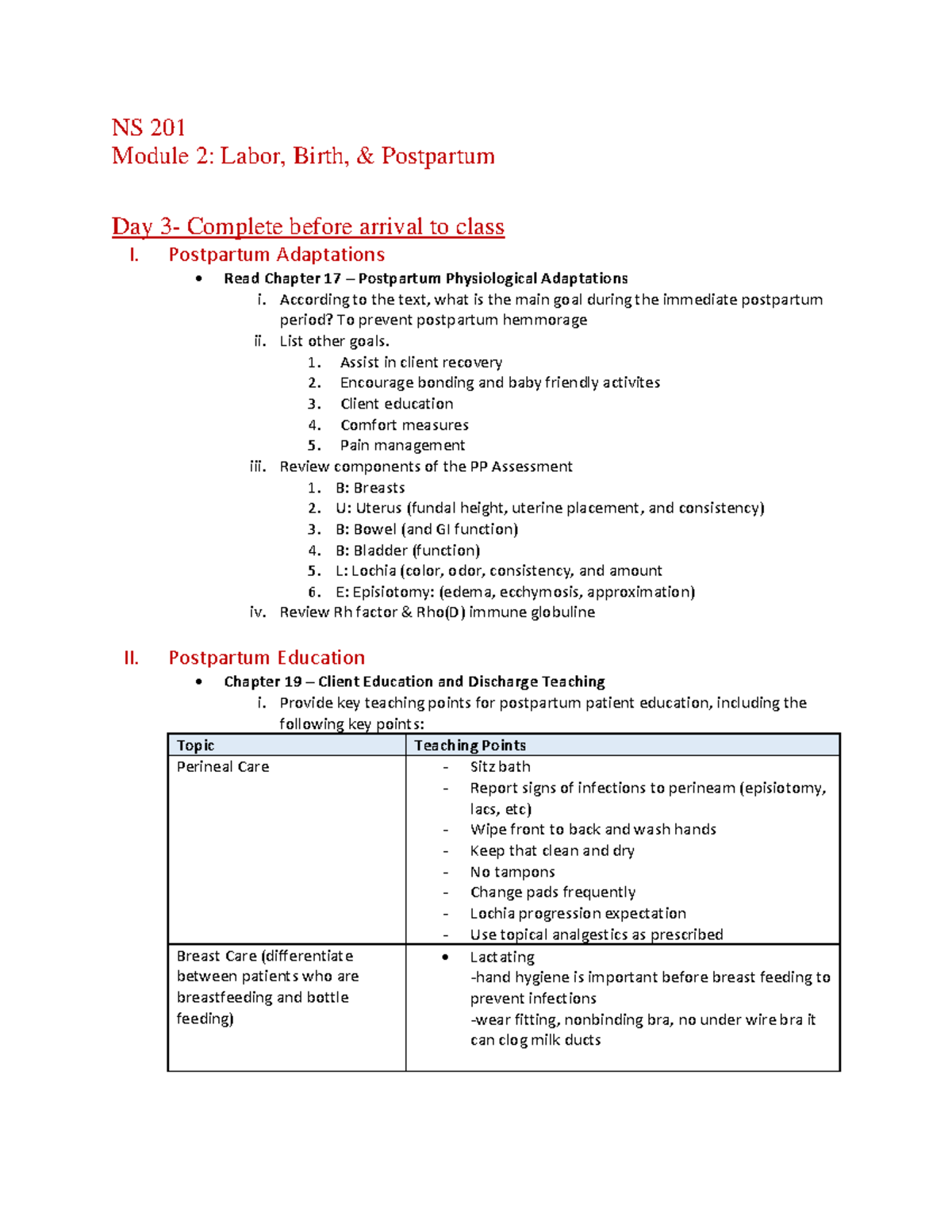 NS 201 Module 2: Postpartum Day 3 Guide and Key Teaching Points - Studocu