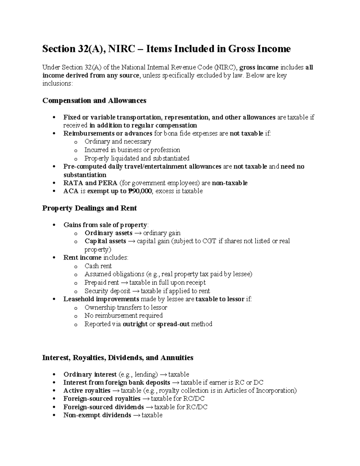 Section 32(A) NIRC: Inclusions & Exclusions in Gross Income - BSA - Studocu