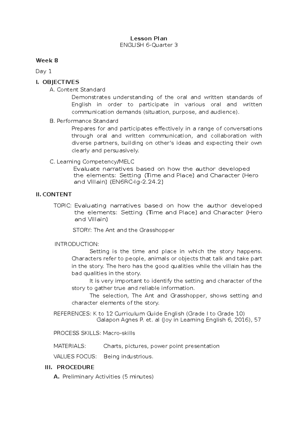 English 6 Q3 Week 8 Lesson Plan: Evaluating Narratives and Characters ...